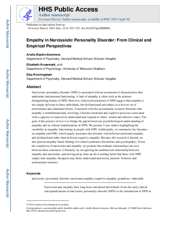 (PDF) Empathy in Narcissistic Personality Disorder: From Clinical and ...
