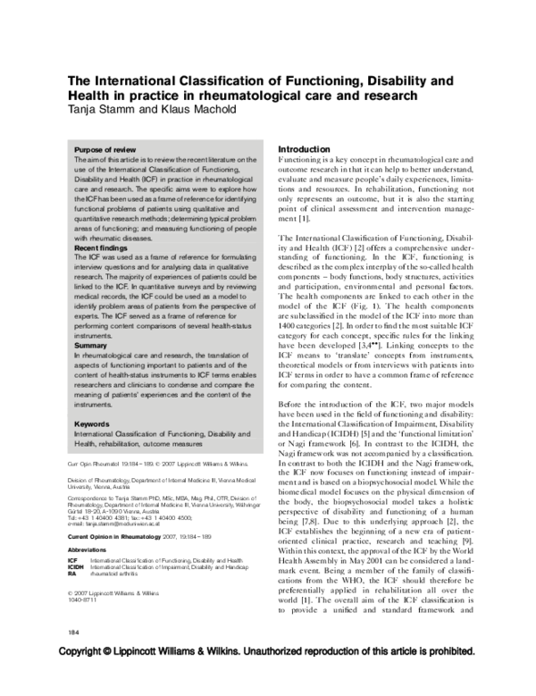 Pdf International Classification Of Functioning Disability And Health Icf Implementation In A