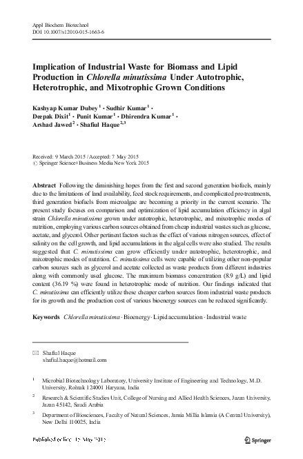 (PDF) Implication of Industrial Waste for Biomass and Lipid Production in Chlorella minutissima ...