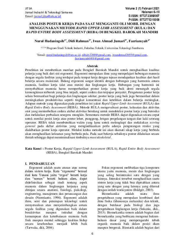(PDF) Analisis Postur Kerja Pada Saat Mengganti Oli Mobil Dengan ...