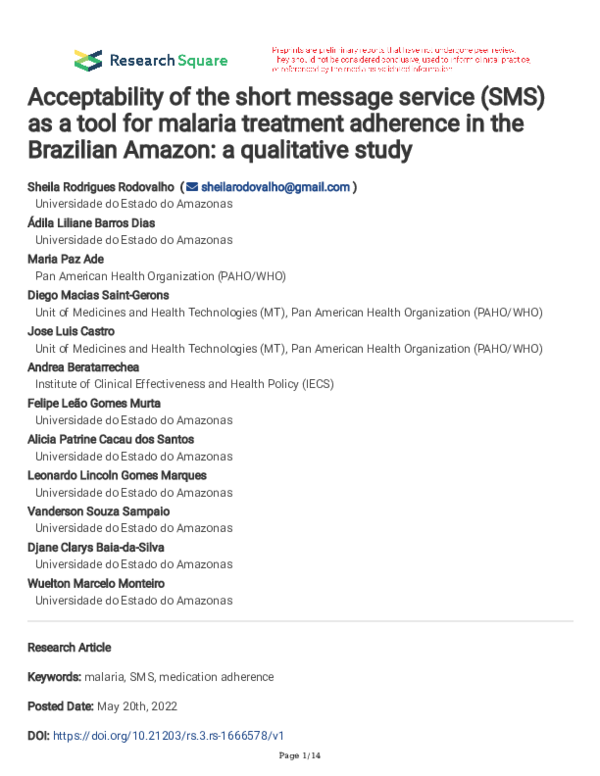 (PDF) Acceptability of the short message service (SMS) as a tool for malaria treatment adherence ...