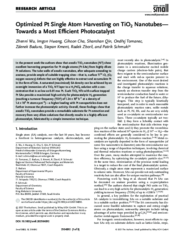 (PDF) Optimized Pt Single Atom Harvesting on TiO 2 Nanotubes—Towards a Most Efficient Photocatalyst