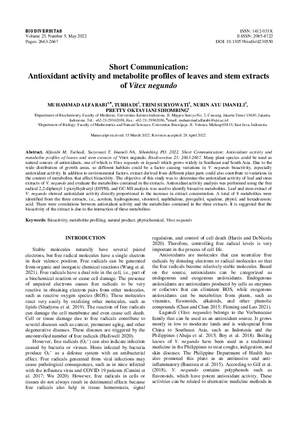 (PDF) Short Communication: Antioxidant activity and metabolite profiles of leaves and stem ...