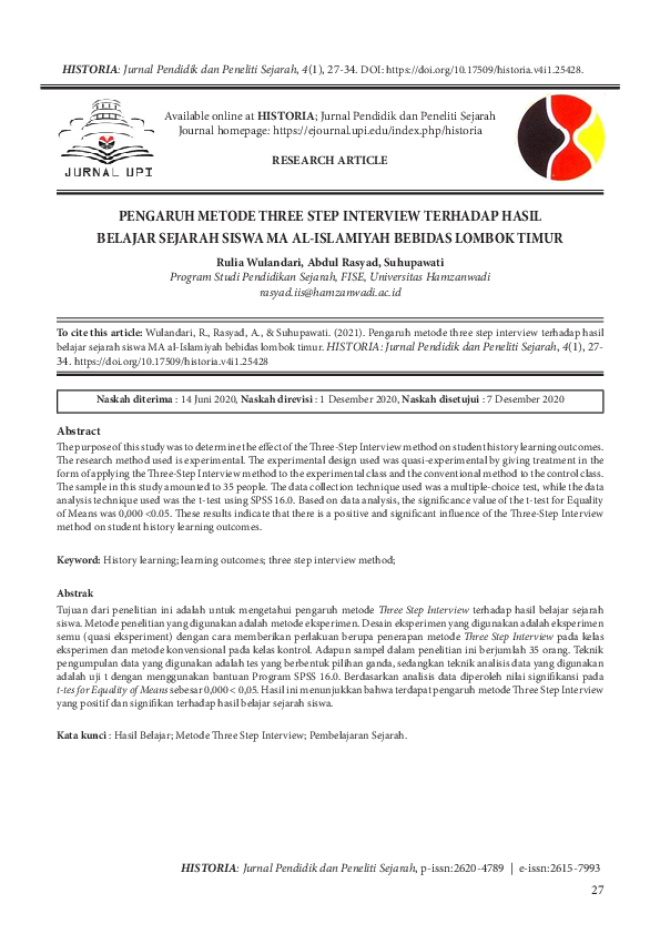 (PDF) Pengaruh Metode Three Step Interview terhadap Hasil Belajar Sejarah Siswa MA Al-Islamiyah ...