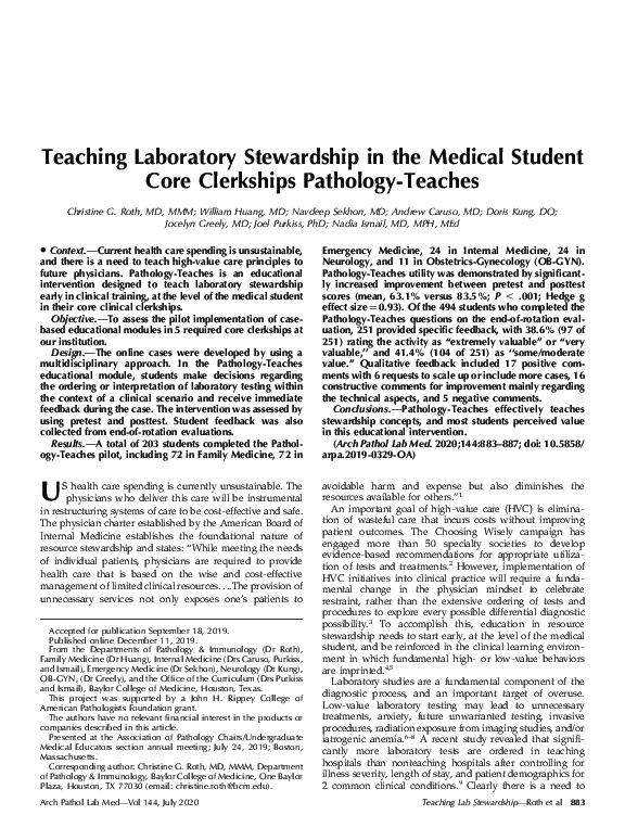 (PDF) Teaching Laboratory Stewardship in the Medical Student Core Clerkships Pathology-Teaches