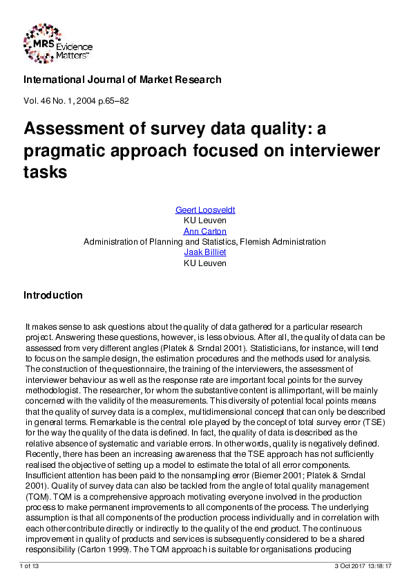 (PDF) Assessment of Survey Data Quality: A Pragmatic Approach Focused ...