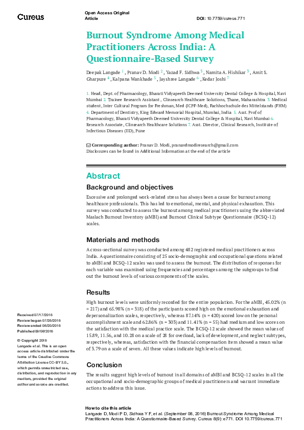 (PDF) Burnout Syndrome Among Medical Practitioners Across India: A ...