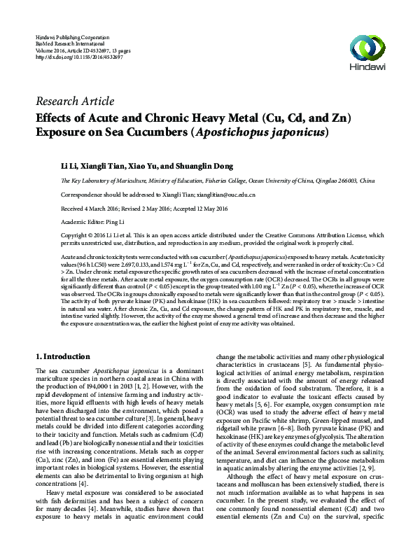 (PDF) Effects of Acute and Chronic Heavy Metal (Cu, Cd, and Zn) Exposure on Sea Cucumbers ...