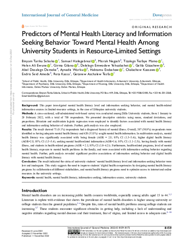 (PDF) Predictors of Mental Health Literacy and Information Seeking Behavior Toward Mental Health ...