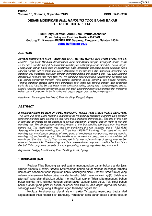 (PDF) Desain Modifikasi Fuel Handling Tool Bahan Bakar Reaktor Triga Pelat