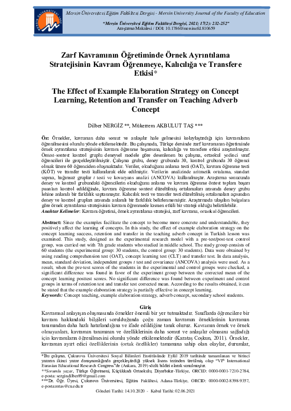 (PDF) Zarf Kavramının Öğretiminde Örnek Ayrıntılama Stratejisinin Kavram Öğrenmeye, Kalıcılığa ...