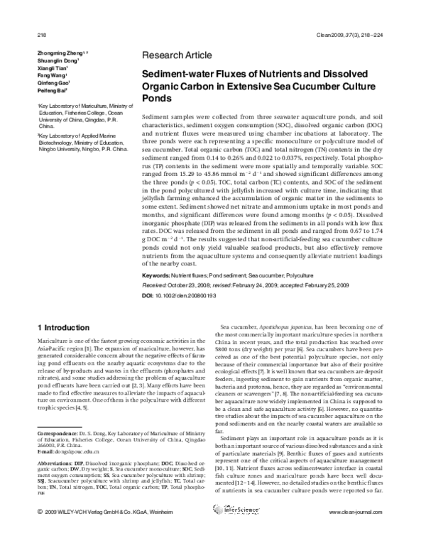 Pdf Sediment Water Fluxes Of Nutrients And Dissolved Organic Carbon In Extensive Sea Cucumber