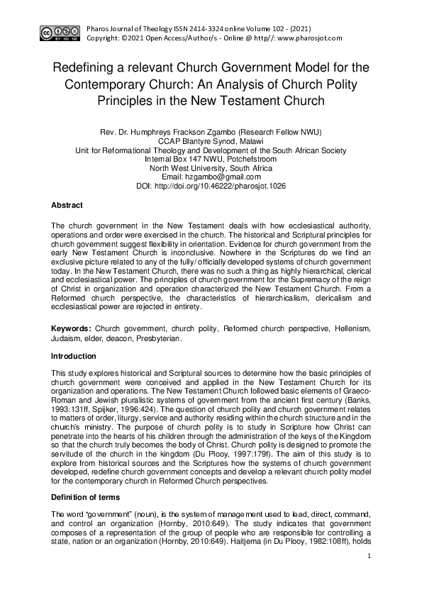 (PDF) Redefining a relevant Church Government Model for the ...