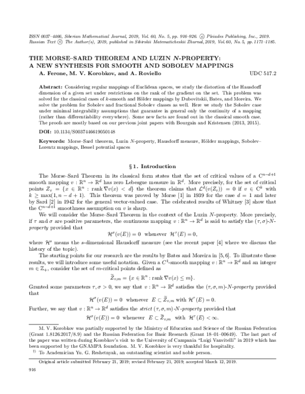 (PDF) The Morse–Sard Theorem and Luzin N-Property: A New Synthesis for ...