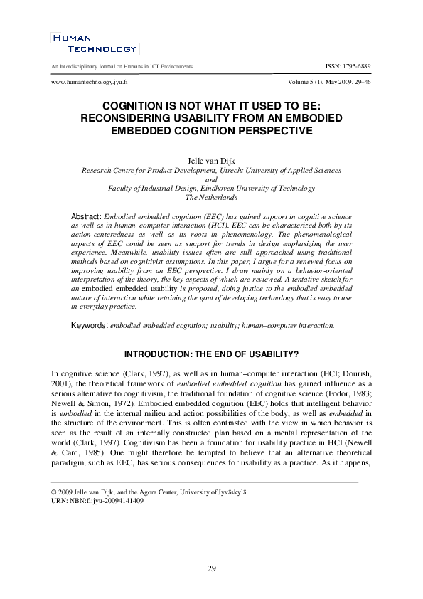 (PDF) COGNITION IS NOT WHAT IT USED TO BE: RECONSIDERING USABILITY FROM AN EMBODIED EMBEDDED ...