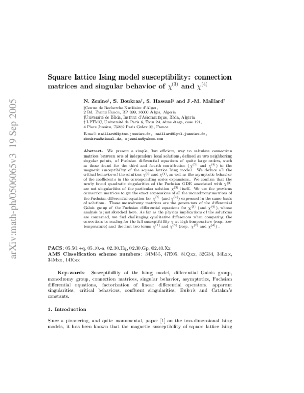 Pdf Square Lattice Ising Model Susceptibility Connection Matrices And Singular Behaviour Of χ