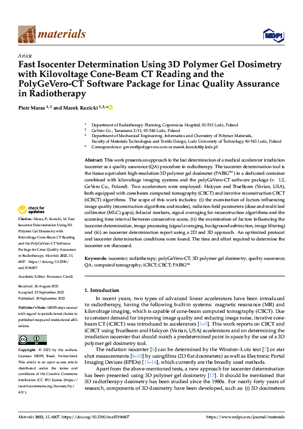 (PDF) Fast Isocenter Determination Using 3D Polymer Gel Dosimetry with Kilovoltage Cone-Beam CT ...