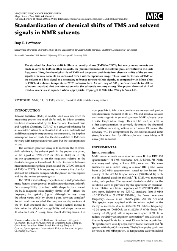 (PDF) Standardization of chemical shifts of TMS and solvent signals in ...