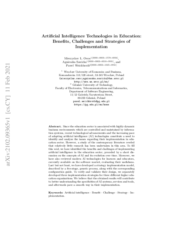 (PDF) Artificial Intelligence Technologies in Education: Benefits, Challenges and Strategies of ...