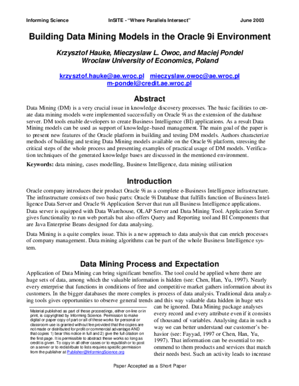 (PDF) Data Mining Model Development in Oracle 9i