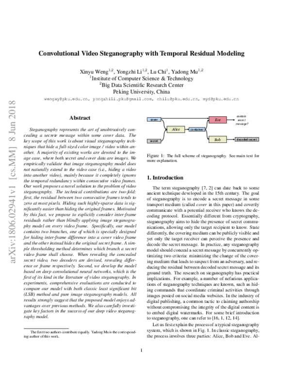 (PDF) Convolutional Video Steganography with Temporal Residual Modeling