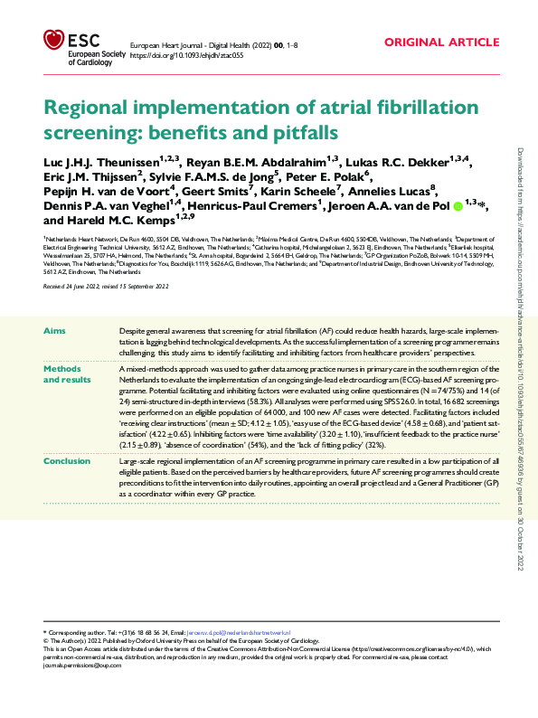 Pdf Regional Implementation Of Atrial Fibrillation Screening Benefits And Pitfalls Karin