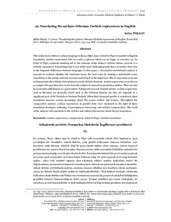 (PDF) Translating the archaic: Ottoman Turkish expressions in English