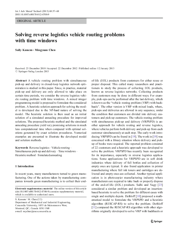 (PDF) Solving reverse logistics vehicle routing problems with time windows