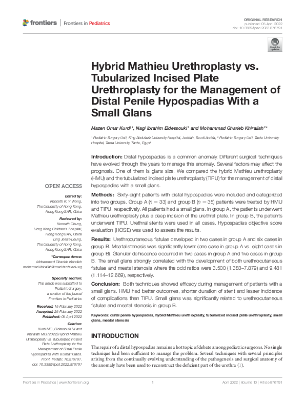 (PDF) Hybrid Mathieu Urethroplasty vs. Tubularized Incised Plate ...