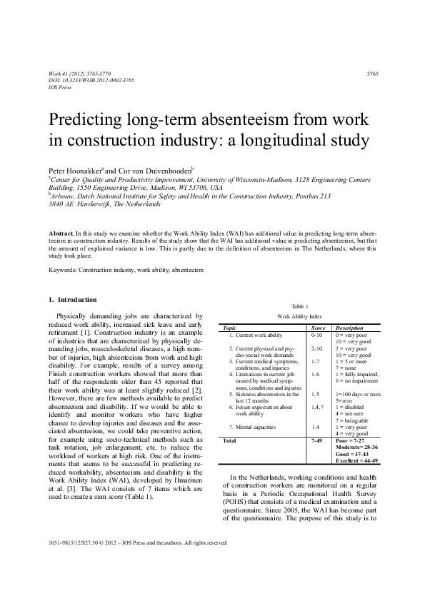 (PDF) Predicting long-term absenteeism from work in construction industry: a longitudinal study