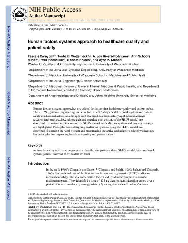 (PDF) Human factors systems approach to healthcare quality and patient safety