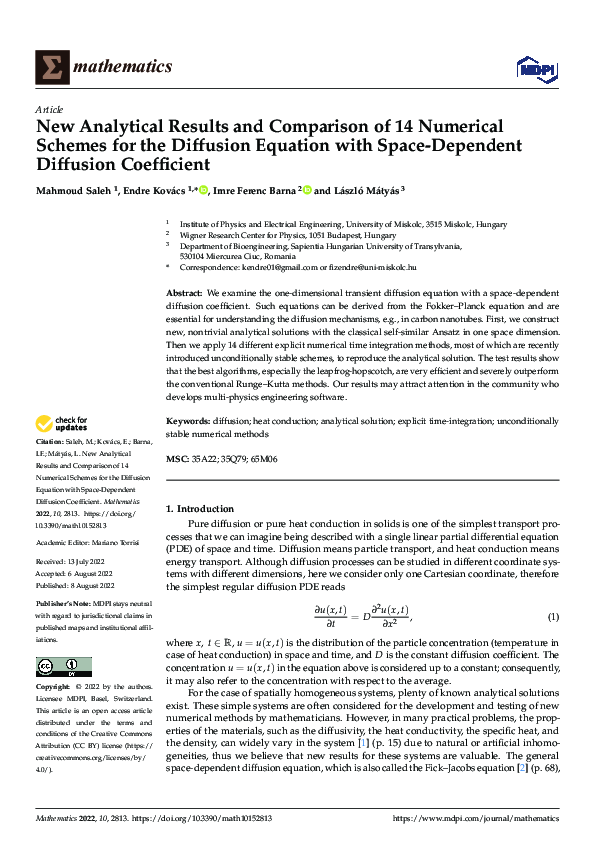 (PDF) New Analytical Results and Comparison of 14 Numerical Schemes for the Diffusion Equation ...