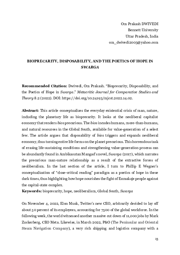(PDF) Bioprecarity, Disposability and the Poetics of Hope in Swarga