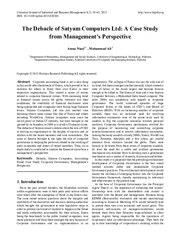 (PDF) The Debacle of Satyam Computers Ltd: A Case Study from Management ...