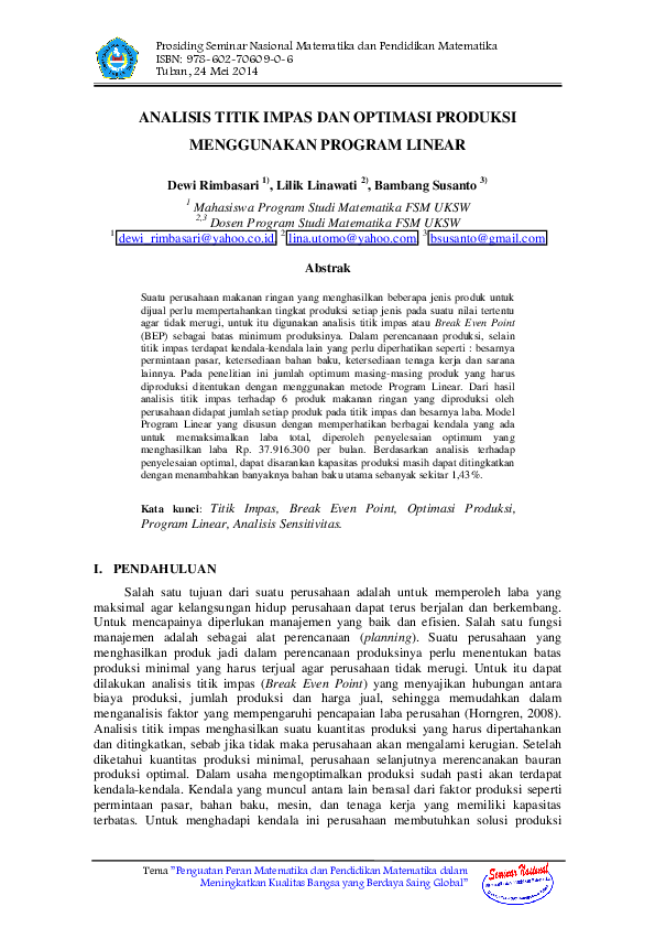 (PDF) Analisis Titik Impas Dan Optimasi Produksi Menggunakan Program Linear