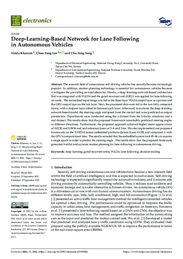 (PDF) Deep-Learning-Based Network for Lane Following in Autonomous Vehicles