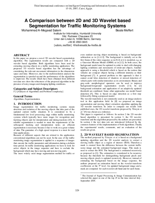 Pdf A Comparison Between 2d And 3d Wavelet Based Segmentation For Traffic Monitoring Systems