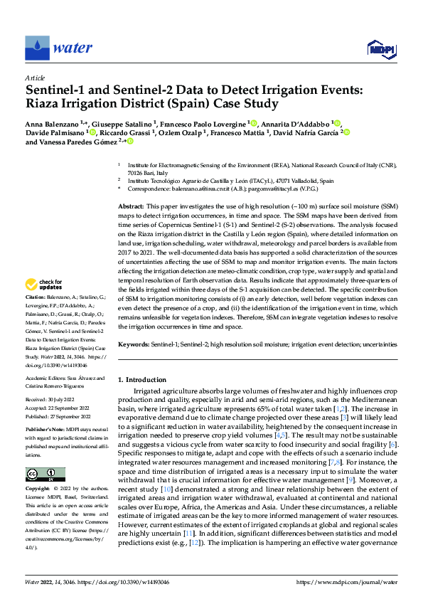 Pdf Sentinel 1 And Sentinel 2 Data To Detect Irrigation Events Riaza Irrigation District