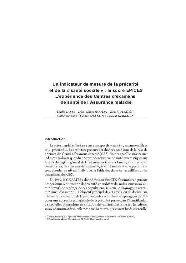 (PDF) Un indicateur de mesure de la précarité et de la « santé sociale ...