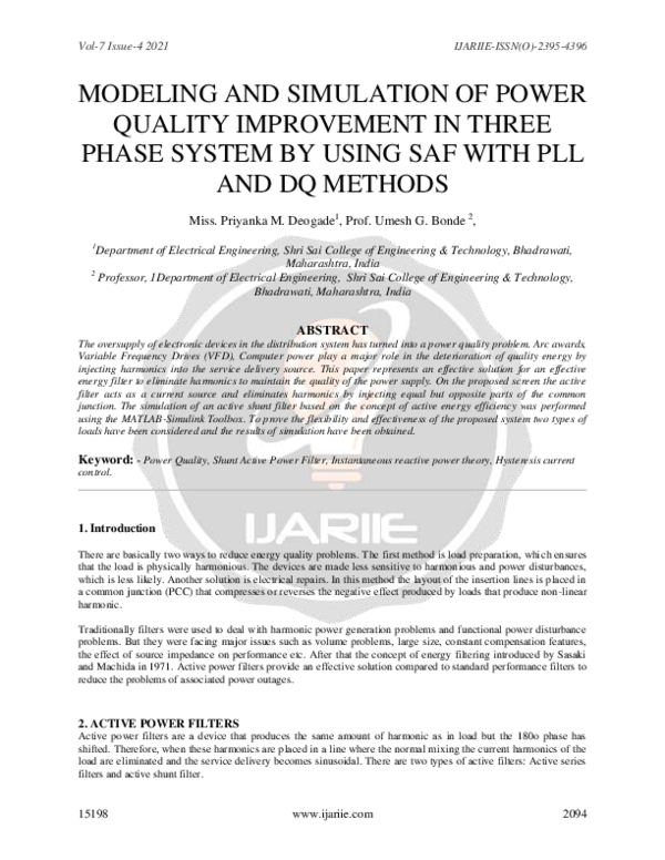 (PDF) Modeling and Simulation of Power Quality Improvement in Three Phase System by Using Saf ...