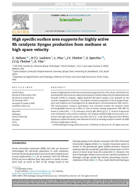 (PDF) High specific surface area supports for highly active Rh ...