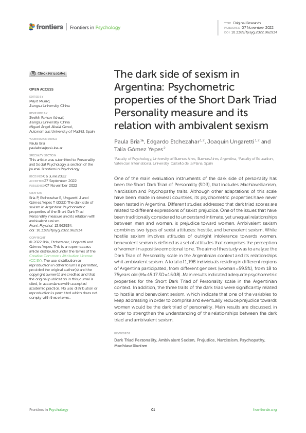 (PDF) The dark side of sexism in Argentina: Psychometric properties of ...