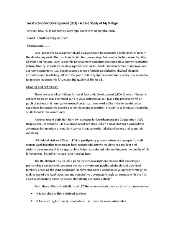 (PDF) Local Economic Development (LED) -A Case Study of My Village