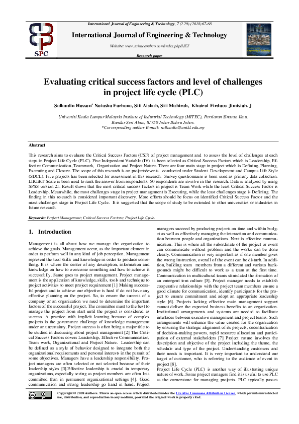 (PDF) Evaluating critical success factors and level of challenges in project life cycle (PLC)