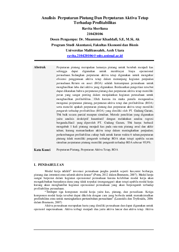 (PDF) Analisis Perputaran Piutang Dan Perputaran Aktiva Tetap Terhadap ...