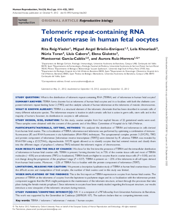 (PDF) Telomeric repeat-containing RNA and telomerase in human fetal oocytes
