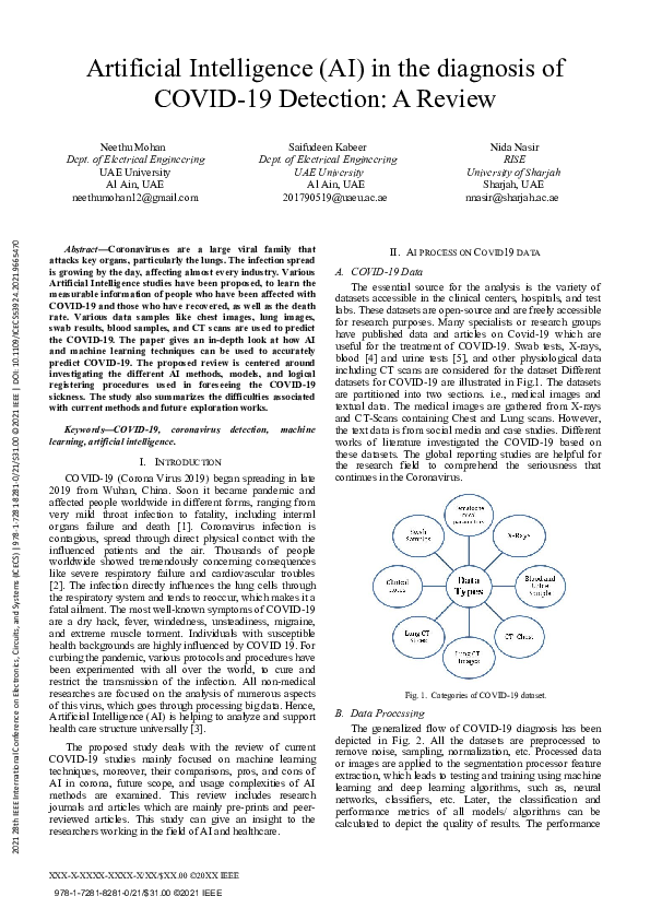 (PDF) Artificial Intelligence (AI) in the diagnosis of COVID-19 Detection: A Review