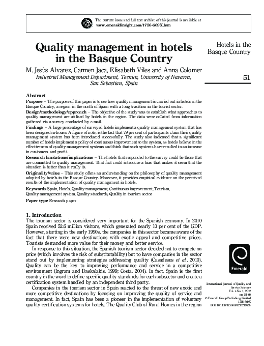 (PDF) Quality management in hotels in the Basque Country