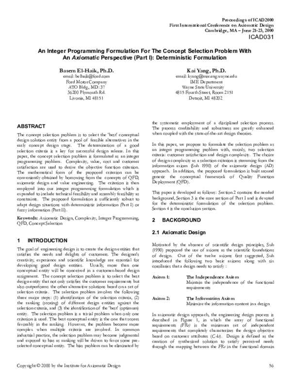 (PDF) An Integer Programming Formulation For The Concept Selection Problem With An Axiomatic ...