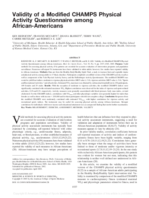 (PDF) Validity of a Modified CHAMPS Physical Activity Questionnaire among African-Americans